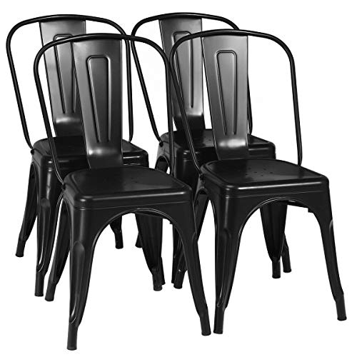 GLACER Stackable Dining Metal Chairs Set of 4, 18 inches Seat Height Tolix Side Bar Chairs with Detachable Backrest, Industrial Design Restaurant Patio Bistro Dining Chairs (Black)