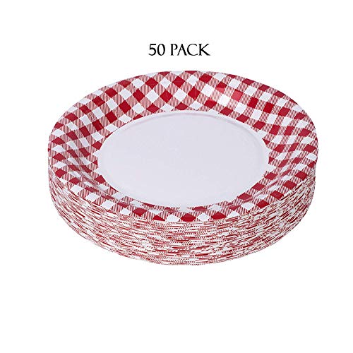 Picnic Themed 9" Disposable Round Paper Plates (50 Pack) Picnic Party Supplies Gingham Paper Plates Ideal for Parties, Family Dinner and Picnic Parties