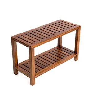 the teaky hut teak wood waterproof shower bench – with shelf, 30 inch, wooden seat stool for bathroom, spa, garden, fully assembled