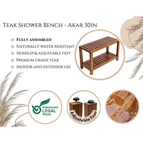 The Teaky Hut Teak Wood Waterproof Shower Bench - with Shelf, 30 Inch, Wooden Seat Stool for Bathroom, Spa, Garden, Fully Assembled