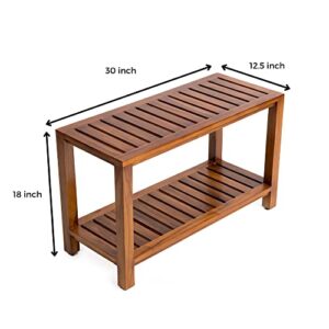 The Teaky Hut Teak Wood Waterproof Shower Bench - with Shelf, 30 Inch, Wooden Seat Stool for Bathroom, Spa, Garden, Fully Assembled