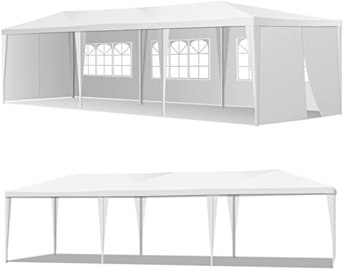 Heavy Duty Canopy Event Tent-10'x30' Outdoor White Gazebo Party Wedding Tent, Sturdy Steel Frame Shelter w/5 Removable Sidewalls Waterproof Sun Snow R