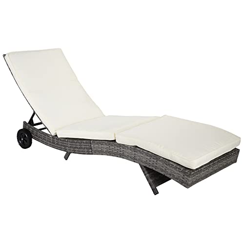 Outsunny Reclining Chaise Lounge Chair, Thickly Cushioned, Rolling Outdoor Plastic Rattan Sun Bathing Chair with Wheels for Poolside, Pool, Patio, Off-White