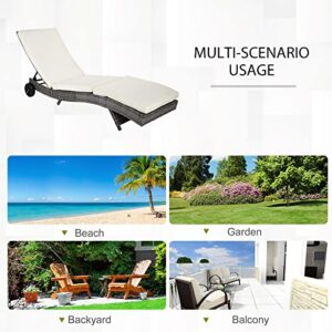 Outsunny Reclining Chaise Lounge Chair, Thickly Cushioned, Rolling Outdoor Plastic Rattan Sun Bathing Chair with Wheels for Poolside, Pool, Patio, Off-White