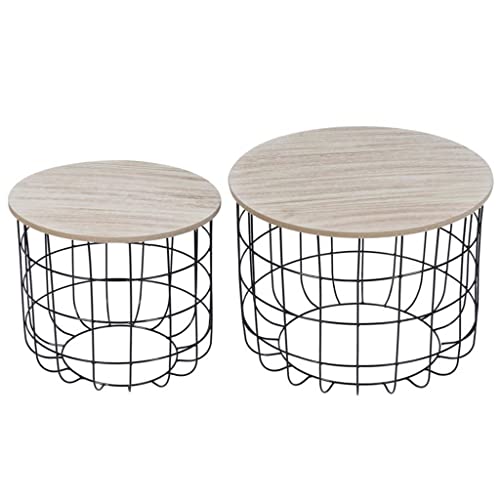 LIRUXUN 2pcs Living Room Storage Side Table Set Coffee Table with Metal Basket and Wood Tabletop