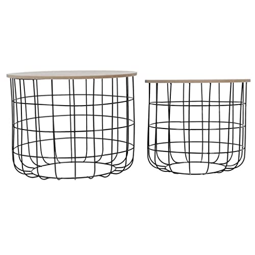 LIRUXUN 2pcs Living Room Storage Side Table Set Coffee Table with Metal Basket and Wood Tabletop