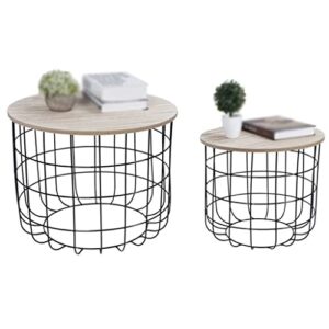 LIRUXUN 2pcs Living Room Storage Side Table Set Coffee Table with Metal Basket and Wood Tabletop