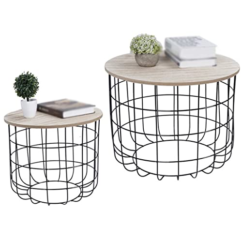 LIRUXUN 2pcs Living Room Storage Side Table Set Coffee Table with Metal Basket and Wood Tabletop