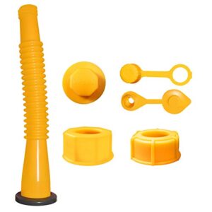 gas can spout replacement, gas can nozzle,(1 kit-yellow) with 2 screw collar caps(1 coarse thread &1 fine thread-fits most of the cans) with gas can vent caps, thick rubber pad, spout cover, base caps