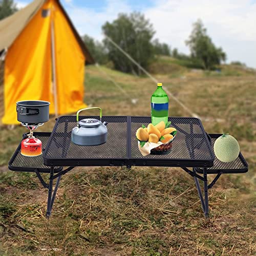 OMKUOSYA Folding Camping Table with 2 Side Panels Portable Small Lightweight Aluminum Alloy Frame Metal Grid Desktop Camp Table for Outdoor Picnic BBQ Travel, Black