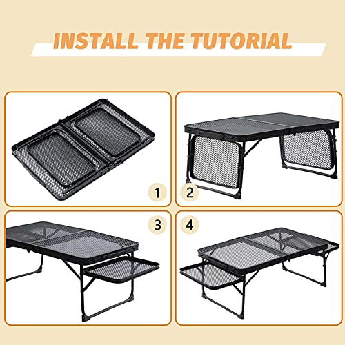 OMKUOSYA Folding Camping Table with 2 Side Panels Portable Small Lightweight Aluminum Alloy Frame Metal Grid Desktop Camp Table for Outdoor Picnic BBQ Travel, Black