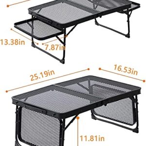 OMKUOSYA Folding Camping Table with 2 Side Panels Portable Small Lightweight Aluminum Alloy Frame Metal Grid Desktop Camp Table for Outdoor Picnic BBQ Travel, Black