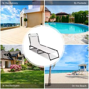 GYMAX Folding Beach Chaise Lounge, 3-Level Adjustable Lounge Chair with Detachable Pillow, Portable Recliner for Backyard, Patio, Poolside, Beach (Grey)