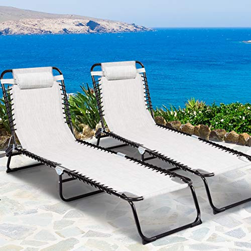 GYMAX Folding Beach Chaise Lounge, 3-Level Adjustable Lounge Chair with Detachable Pillow, Portable Recliner for Backyard, Patio, Poolside, Beach (Grey)