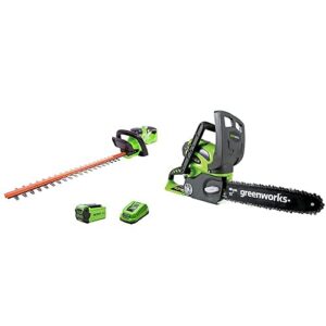 greenworks 40v 24 inch cordless hedge trimmer and 40v 12-inch cordless chainsaw combo kit, 2.0ah battery and charger included