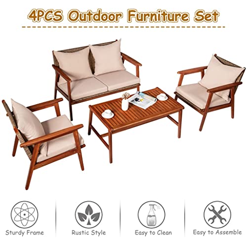 SDGH 4PCS Patio Rattan Furniture Set Acacia Wood Frame Cushioned Sofa Chair Garden Perfect to Be Placed in Your Patio, Poolside and Garden