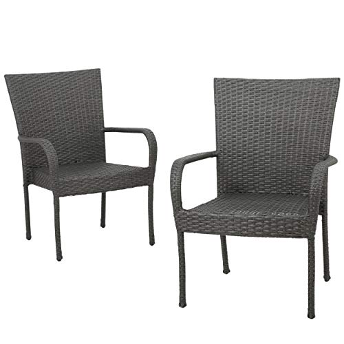 Christopher Knight Home CKH Outdoor PE Wicker Stackable Club Chairs, 2-Pcs Set, Grey