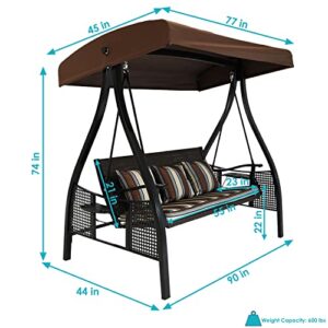 Sunnydaze 3-Seat Deluxe Outdoor Patio Swing with Heavy Duty Steel Frame and Canopy, Brown Stripe Cushions, 600-Pound Weight Capacity