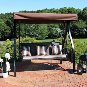 Sunnydaze 3-Seat Deluxe Outdoor Patio Swing with Heavy Duty Steel Frame and Canopy, Brown Stripe Cushions, 600-Pound Weight Capacity