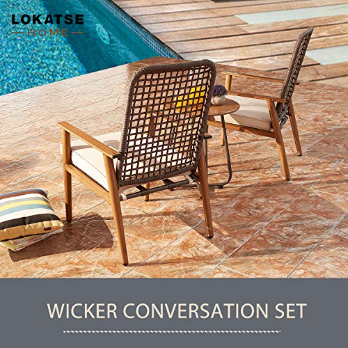 LOKATSE HOME 3-Piece Wicker Outdoor Conversation Bistro Set Patio All Weather Furniture 2 Cushioned Chairs and Side Table for Balcony Porch, Boho, Khaki