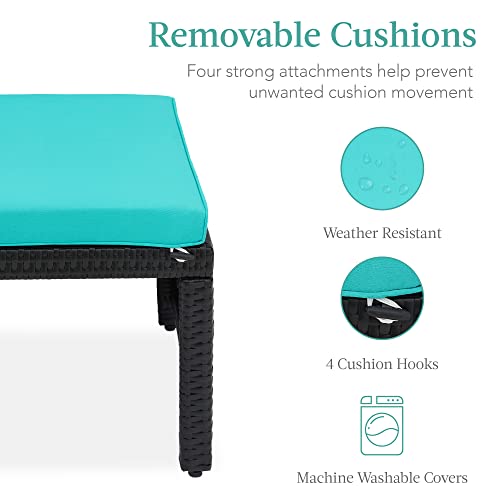 Best Choice Products Set of 2 Wicker Ottomans, Multipurpose Outdoor Furniture for Patio, Backyard, Additional Seating, Footrest, Side Table w/Removable Cushions, Steel Frame - Black/Teal