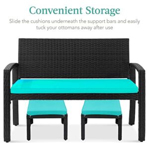 Best Choice Products Set of 2 Wicker Ottomans, Multipurpose Outdoor Furniture for Patio, Backyard, Additional Seating, Footrest, Side Table w/Removable Cushions, Steel Frame - Black/Teal