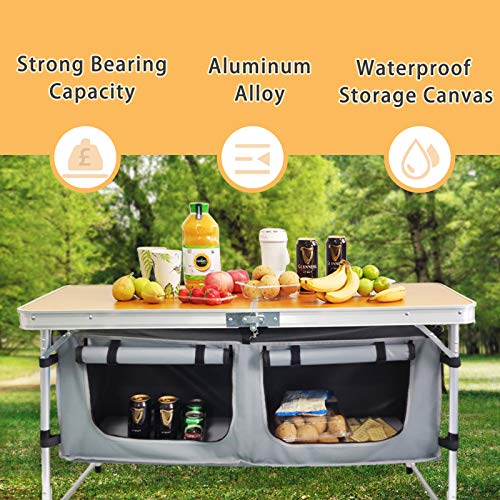 Folding Camping Table with Storage Lightweight Camp Tables Portable Indoor/Outdoor Collapsible Table Height Adjustable Camp Kitchen Perfect for Picnic, Beach, Travel, Tailgating, Backyards, BBQ, Party