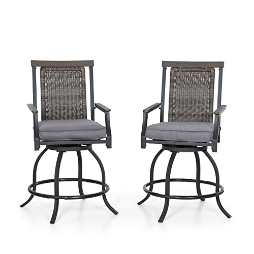 PHI VILLA Outdoor Swivel Bar Stools with Rattan Backrest and Wood-Like Armrest Set of 2, Bar Height Patio Chair with 3.5" Padded Grey Cushion,All Weather for Garden,Yard,Lawn