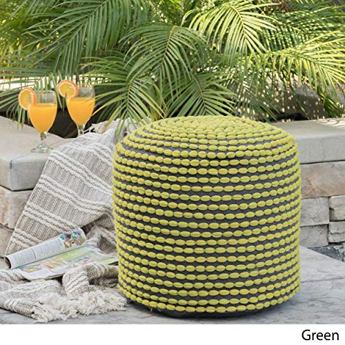 Great Deal Furniture Collier Outdoor Handcrafted Modern Water-Resistant Fabric Cylinder Pouf Ottoman, Green