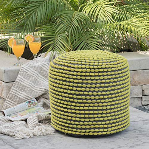 Great Deal Furniture Collier Outdoor Handcrafted Modern Water-Resistant Fabric Cylinder Pouf Ottoman, Green