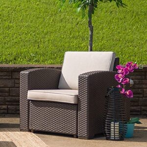 flash furniture chocolate brown faux rattan chair with all-weather beige cushion