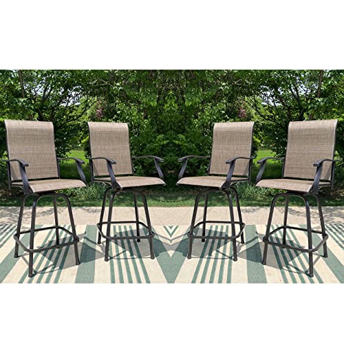 HERA'S HOUSE Outdoor Swivel Bar Stools, Outside Bar Height Patio Chairs Set of 4 with Solid Back & Armrest, All Weather Textilene Sling Fabric Chair for Lawn Garden