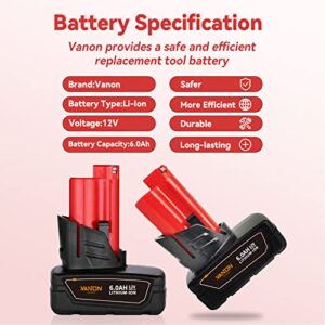 VANON Replacement Battery For Milwaukee M 12 Battery 6.0Ah 12V Battery Pack,Lithium-Ion XC Extended Capacity Batteries 48-59-2401 48-59-1812 48-11-2420 48-11-2402 48-59-1812 48-11-2411 2510-20(2-Pack)