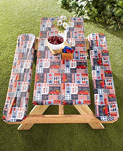 The Lakeside Collection Picnic Table and Bench Seat Covers with Elastic Edges - Americana - 3 Pieces