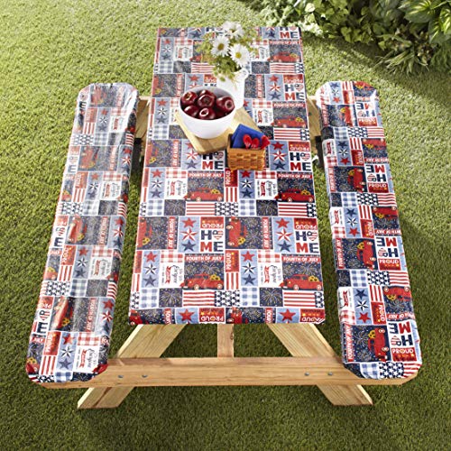 The Lakeside Collection Picnic Table and Bench Seat Covers with Elastic Edges - Americana - 3 Pieces