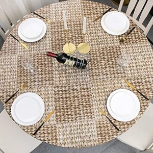 mimdmi Table Cloth, Fitted Round Plastic Vinyl Tablecloth with Flannel Backing and Elastic Edge, Waterproof Table Protector for Dining Room Table (Wicker, Large, 43-56 inch )