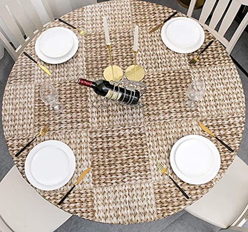 mimdmi Table Cloth, Fitted Round Plastic Vinyl Tablecloth with Flannel Backing and Elastic Edge, Waterproof Table Protector for Dining Room Table (Wicker, Large, 43-56 inch )