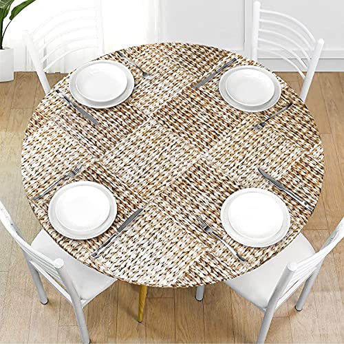 mimdmi Table Cloth, Fitted Round Plastic Vinyl Tablecloth with Flannel Backing and Elastic Edge, Waterproof Table Protector for Dining Room Table (Wicker, Large, 43-56 inch )