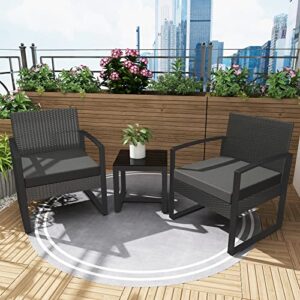 LayinSun 3 Pieces Patio Set Outdoor Wicker Conversation Bistro Set,PE Rattan Chairs with Coffee Table for Porch Lawn Garden Backyard (Black)