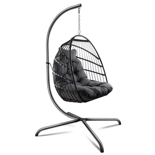 FUZOFUIZ Swing Egg Chair with Stand Indoor Outdoor Wicker Rattan Patio Basket Hanging Chair with C Type Bracket, with Cushion and Pillow,Patio Wicker Folding Hanging Chair (Black)