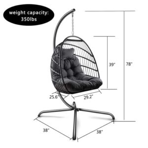 FUZOFUIZ Swing Egg Chair with Stand Indoor Outdoor Wicker Rattan Patio Basket Hanging Chair with C Type Bracket, with Cushion and Pillow,Patio Wicker Folding Hanging Chair (Black)