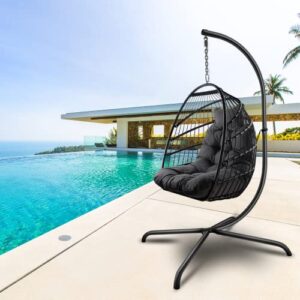 FUZOFUIZ Swing Egg Chair with Stand Indoor Outdoor Wicker Rattan Patio Basket Hanging Chair with C Type Bracket, with Cushion and Pillow,Patio Wicker Folding Hanging Chair (Black)