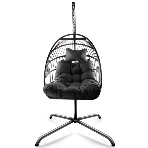 FUZOFUIZ Swing Egg Chair with Stand Indoor Outdoor Wicker Rattan Patio Basket Hanging Chair with C Type Bracket, with Cushion and Pillow,Patio Wicker Folding Hanging Chair (Black)