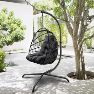 FUZOFUIZ Swing Egg Chair with Stand Indoor Outdoor Wicker Rattan Patio Basket Hanging Chair with C Type Bracket, with Cushion and Pillow,Patio Wicker Folding Hanging Chair (Black)