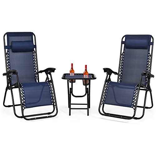 Goplus Zero Gravity Chair Set, 3 Pieces Outdoor Lounge Chair Recliners w/Side Table, Headrest and Cup Holders, Adjustable Folding Recliners and Table for Patio, Yard, Pool, Beach (Navy)