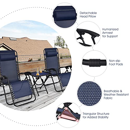 Goplus Zero Gravity Chair Set, 3 Pieces Outdoor Lounge Chair Recliners w/Side Table, Headrest and Cup Holders, Adjustable Folding Recliners and Table for Patio, Yard, Pool, Beach (Navy)