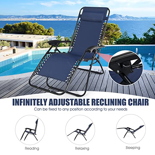 Goplus Zero Gravity Chair Set, 3 Pieces Outdoor Lounge Chair Recliners w/Side Table, Headrest and Cup Holders, Adjustable Folding Recliners and Table for Patio, Yard, Pool, Beach (Navy)