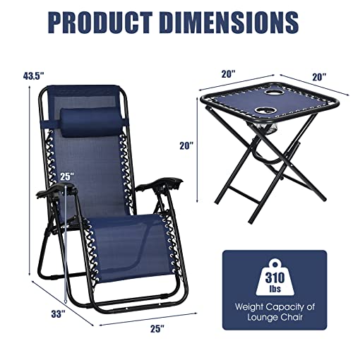 Goplus Zero Gravity Chair Set, 3 Pieces Outdoor Lounge Chair Recliners w/Side Table, Headrest and Cup Holders, Adjustable Folding Recliners and Table for Patio, Yard, Pool, Beach (Navy)