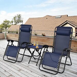 Goplus Zero Gravity Chair Set, 3 Pieces Outdoor Lounge Chair Recliners w/Side Table, Headrest and Cup Holders, Adjustable Folding Recliners and Table for Patio, Yard, Pool, Beach (Navy)