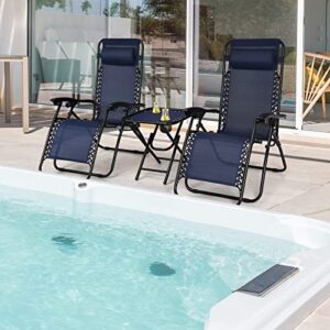 Goplus Zero Gravity Chair Set, 3 Pieces Outdoor Lounge Chair Recliners w/Side Table, Headrest and Cup Holders, Adjustable Folding Recliners and Table for Patio, Yard, Pool, Beach (Navy)